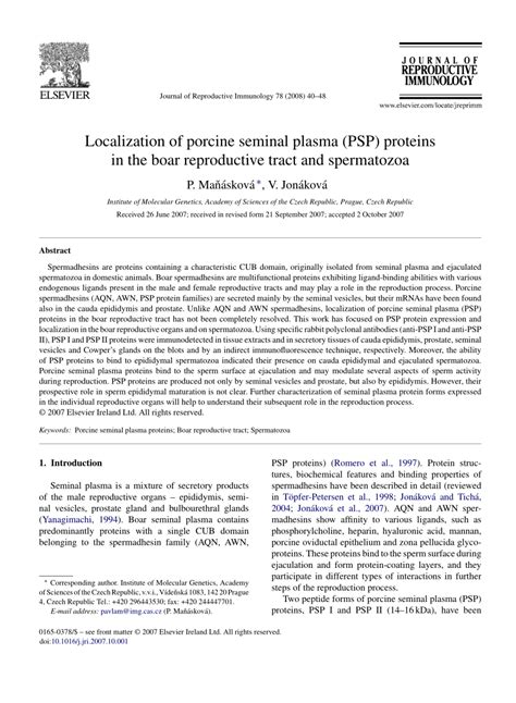 Pdf Localization Of Porcine Seminal Plasma Psp Proteins In The Boar