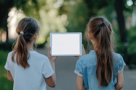Two Girls Presenting Tablet Mockup Premium Ai Generated Image