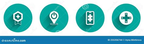 Set Game Rating With Medal Power Button Mobile Gaming And Controller Or Joystick Icon With