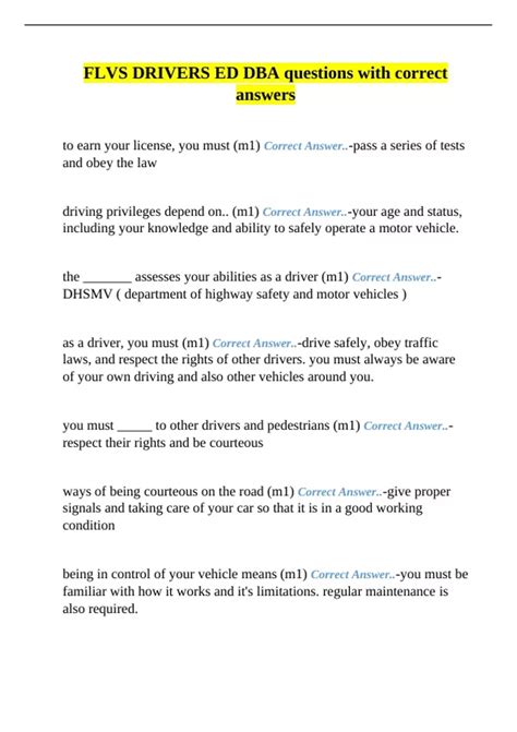 Flvs Drivers Ed Dba Questions With Correct Answers Flvs Driver