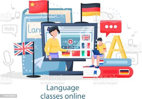 언어 수업 온라인 벡터 배너입니다 컴퓨터를 사용하여 집에서 외국어 공부 원격 수업 개념에 대한 스톡 벡터 아트 및 기타 이미지 개념 교사 교육 관련 직업 교육