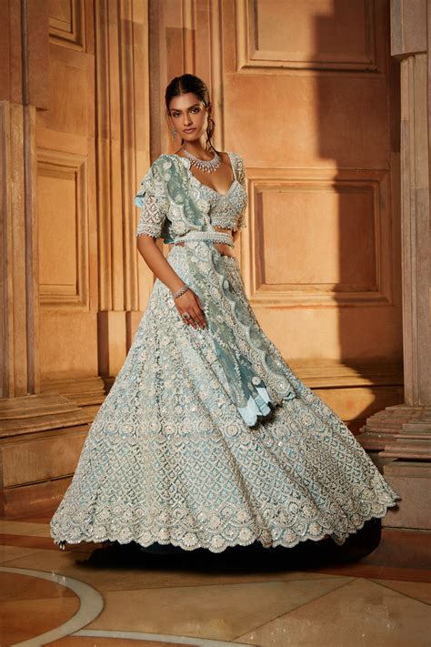 Aqua Ombré Tulle Lehenga Choli Dupatta Set Nitika Gujral