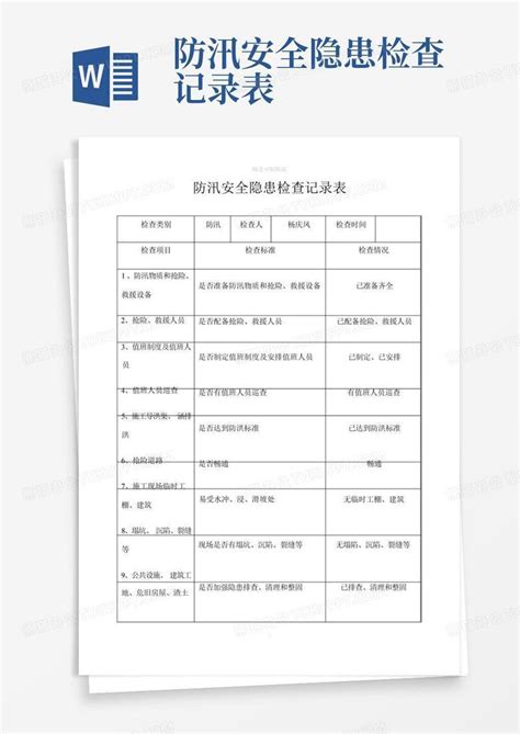 防汛安全隐患检查记录表Word模板下载 编号qjzazdrn 熊猫办公