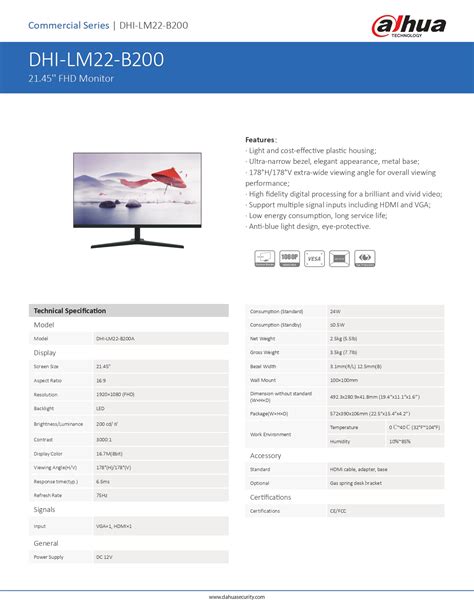 DAHUA LM22 B200A 21 45 Full HD LED Monitor Security System Asia