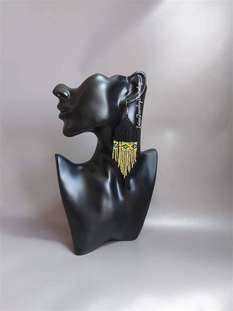 Black Gold Beaded Earringsethno Earringsbead Fringe Etsy