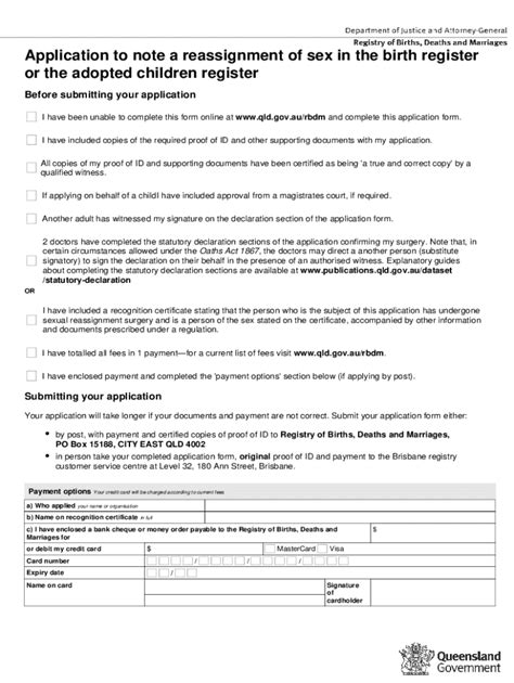 Fillable Online Rbdm Qld Application To Note A Reassignment Of Sex In