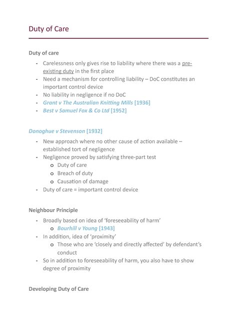 Duty Of Care Lecture Notes On The Duty Of Care Tort Law Duty Of