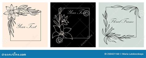 Botanical Square Frame Hand Drawn Round Line Border Leaves And