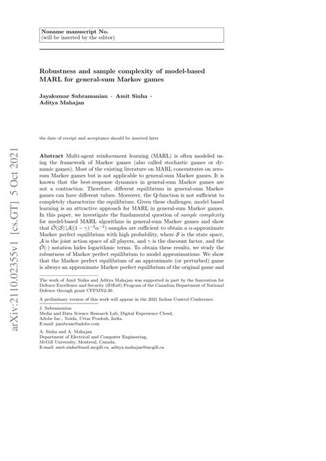 Pdf Robustness And Sample Complexity Of Model Based Marl For General