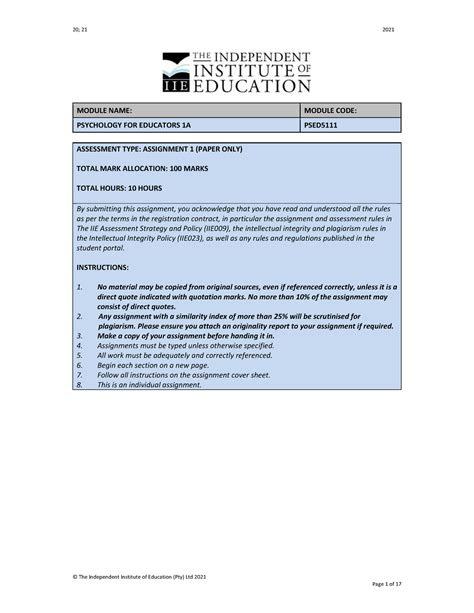 Assignment 1 Psed © The Independent Institute Of Education Pty Ltd