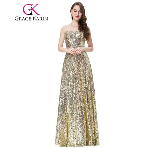 Grace Karin Gold Sequined Evening Dress Long Women Stunning Strapless