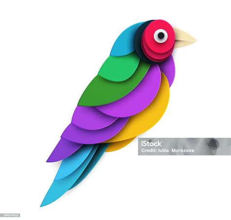 흰색 배경에 고립 된 추상 핀치 새 만화 공예 종이 컷 스타일의 창조적 인 3d 개념 다채로운 최소한의 디자인 캐릭터 현대 기하학적 벡터 일러스트레이션 0명에 대한 스톡