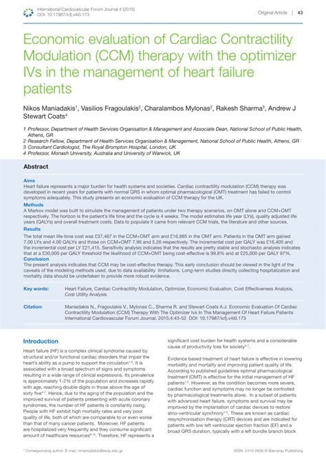 Pdf Economic Evaluation Of Cardiac Contractility Modulation Ccm Therapy With The Optimizer