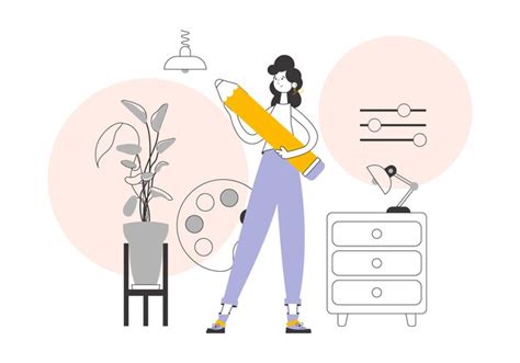 La niña sostiene un lápiz en sus manos vector de estilo lineal de moda Vector Premium