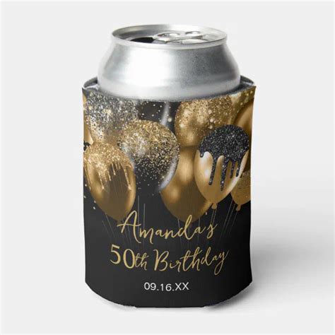 Birthday Black Gold Glitter Balloons Can Cooler Zazzle