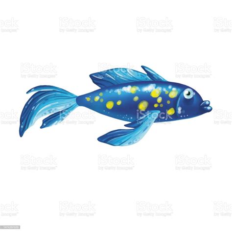 귀여운 수중 단일 물고기 화려한 디자인 벡터 만화 수족관 캐릭터 인쇄를 위해 흰색 배경에 격리된 재미있는 해양 생물 어린이 발달 게임 디자인을 위한 손으로 그린 요소 0명에