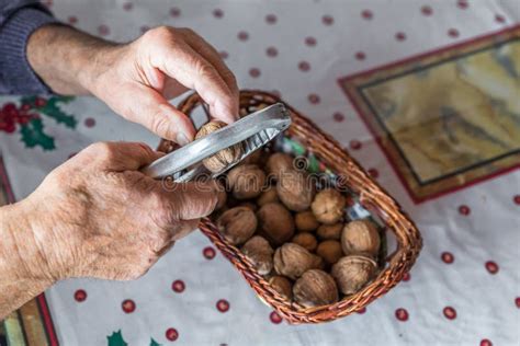 Hands Of Old Man Grandpa Pensioner Cracks A Walnut With A Metal