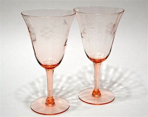 Vintage Pink Etched Wine Glass Set Of 2 Floral Optic Glass Vintage