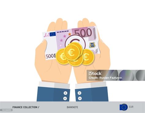 500 유로 지폐와 동전을 손에의 손바닥에 평면 스타일 벡터 일러스트입니다 금융 개념입니다 500에 대한 스톡 벡터 아트 및