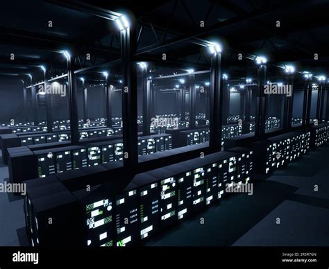 Futuristic Data Center With It Storage And Multiple Servers On Racks Global Data Projection And