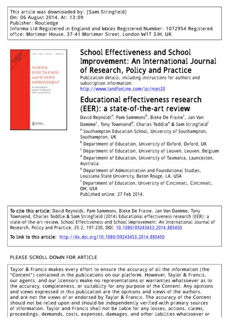 Pdf Educational Effectiveness Research Eer A State Of The Art Review