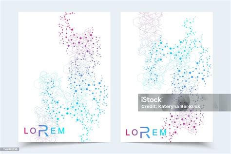 과학 브로셔 디자인 템플릿 벡터 전단지 레이아웃 연결된 선과 점이있는 분자 구조 잡지 전단지 표지 포스터 디자인을위한 요소와 과학 패턴 원자 Dna 0명에 대한 스톡 벡터