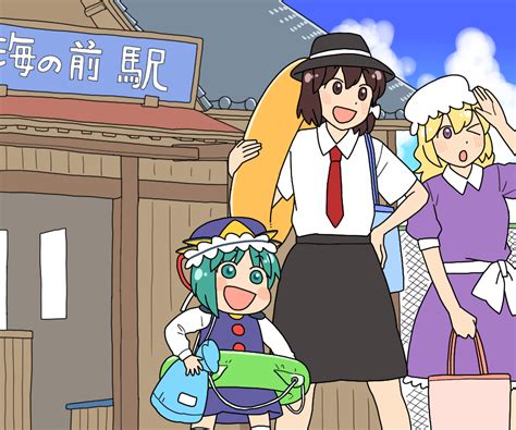 Safebooru 3girls Aged Down Bag Beach Blonde Hair Blue Sky Blush Brown