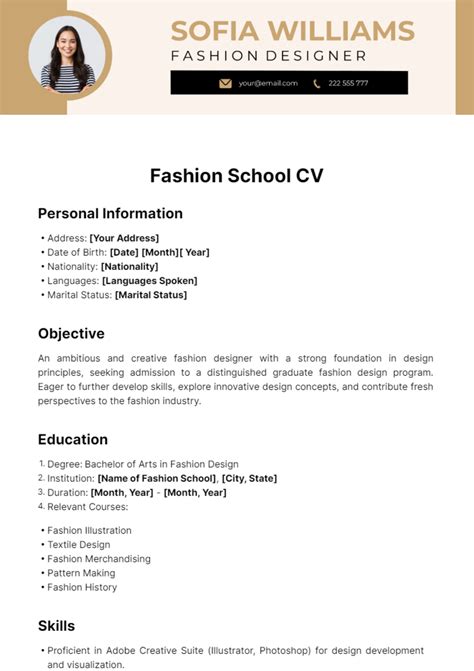 Free Fashion School Cv Template To Edit Online