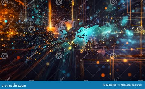 Digital Cyberspace With Particles And Digital Data Network Connections With Map Earth Abstract
