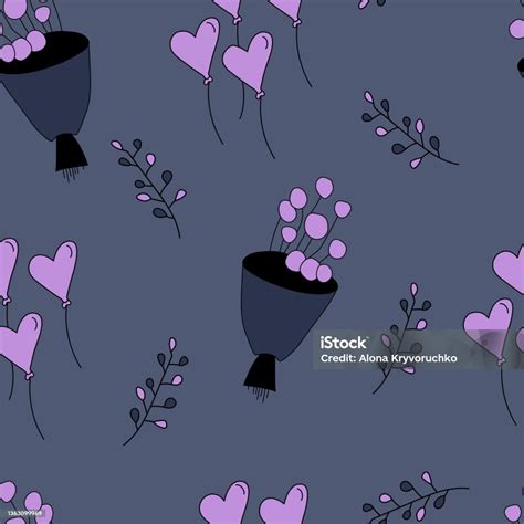 벡터 꽃다발 가지 하트 모양의 풍선 손으로 그린 스케치가있는 귀여운 원활한 사랑 패턴 만화 스타일의 낙서 일러스트레이션 인쇄 및