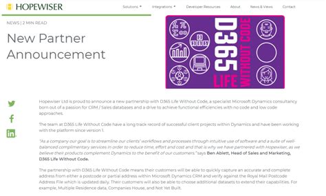 New Partner Announcement Hopewiser D365 Life Without Code