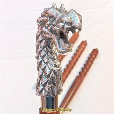 Antique Wooden Walking Stick Metal Dragon Head Handle Gem