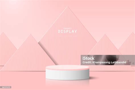 3d 벡터 배경 흰색 분홍색 실린더 연단 받침대는 삼각형 배경으로 현실적입니다 모형을 위한 최소한의 벽 장면 기하학적 형태