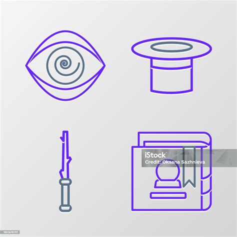 고대 마법 책 마술 지팡이 마술사 모자 및 최면 아이콘을 설정합니다 벡터 강렬하고 밝은 색상에 대한 스톡 벡터 아트 및 기타