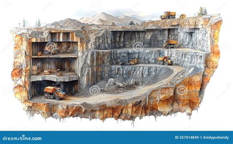 Cross Section View Of Modern Open Pit Coal Mining Operation Showcasing Excavation And
