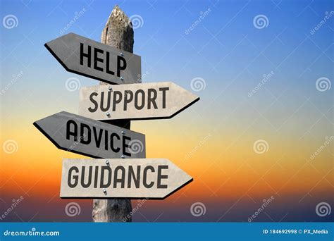 Help Support Advice Guidance Wooden Signpost Sunset Sky Stock