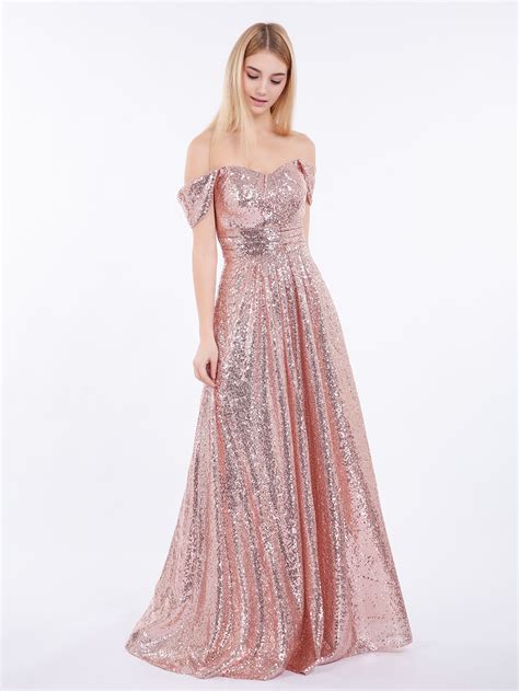 Long Sequins Dress With Off The Shoulder Rose Gold Babaroni