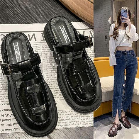 여성용 캐주얼 커버 토 플랫폼 슬라이드 뮬 신발 슬리퍼 고급 레트로 PU 고무 후프 힐 극세사 프렛워크 B AliExpress