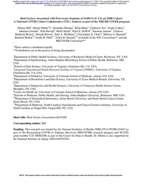 Pdf Risk Factors Associated With Post Acute Sequelae Of Sars Cov 2 In An Ehr Cohort A