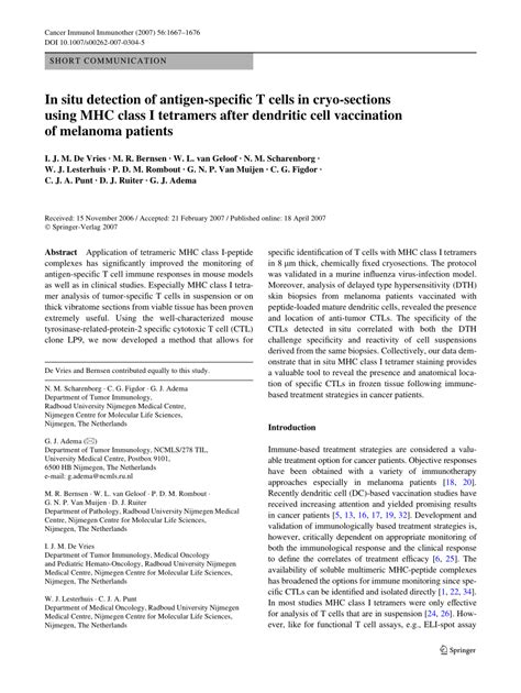 Pdf In Situ Detection Of Antigen Specific T Cells In Cryo Sections