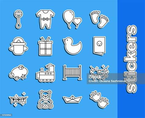 세트 라인 아기 손 인쇄 깃발이 있는 카니발 화환 샤워 초대장 카드 포스터 풍선 형태의 심장 선물 상자 병 딸랑이 아기 장난감 및 고무 오리 아이콘 벡터 0명에 대한 스톡