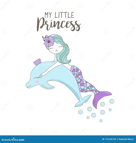 Poco Delfín Y Sirena Dibujados Mano Que Sostienen Una Estrella De Mar