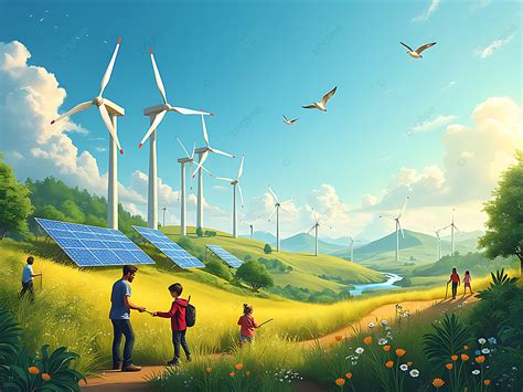 不同的人參與清潔能源技術 可再生能源 風力發電機 太阳能板背景圖片和桌布免費下載