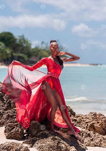 Woman Wearing Red Bikini And Dress On A Tropical Beach Remote Tropical