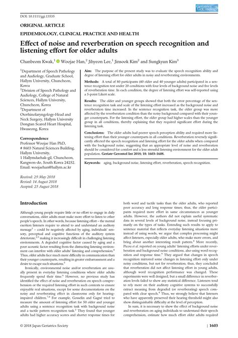 Pdf Effect Of Noise And Reverberation On Speech Recognition And Listening Effort For Older Adults