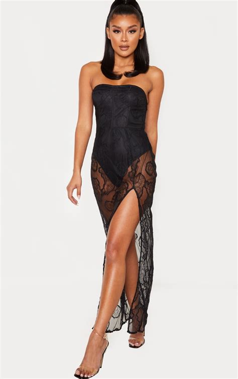 Black Sheer Lace Corset Bodice Maxi Dress Prettylittlething Usa