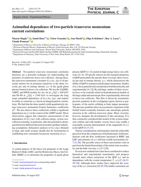 Pdf Azimuthal Dependence Of Two Particle Transverse Momentum Current Correlations