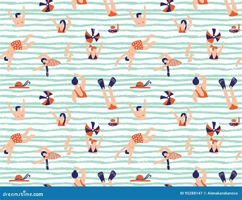 People Swimming Pattern Summer Seamless Background Summertime Vector
