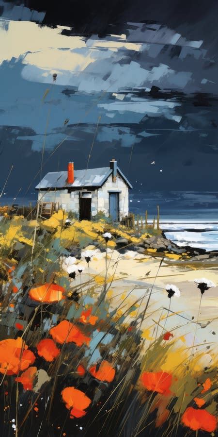 Pop Art Oil Painting Giclee Print Coastal House With Thatched Roof
