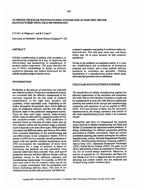 To Design Cellular Manufacturing Systems For An Electric Motor Manufacturer Using Grai